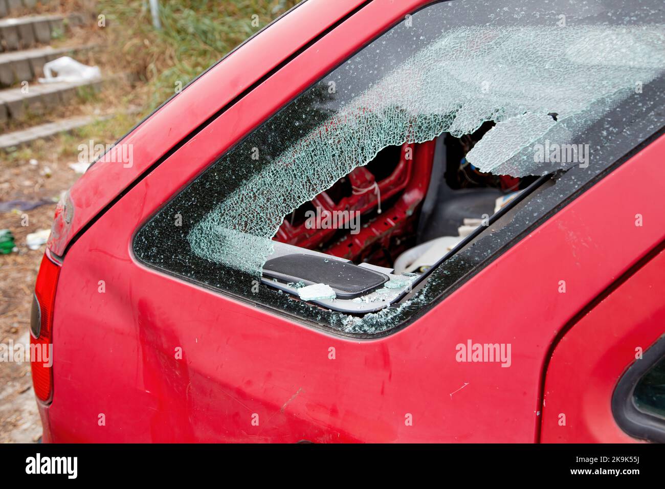 Car with broken windows. A criminal incident. Broken glass window car ...