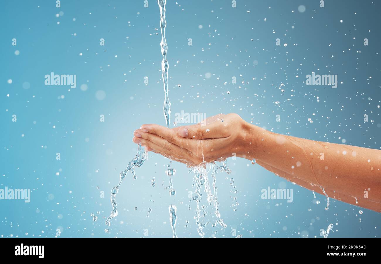 Abstract water, splash and woman cleaning hands . Clean flow eco ...