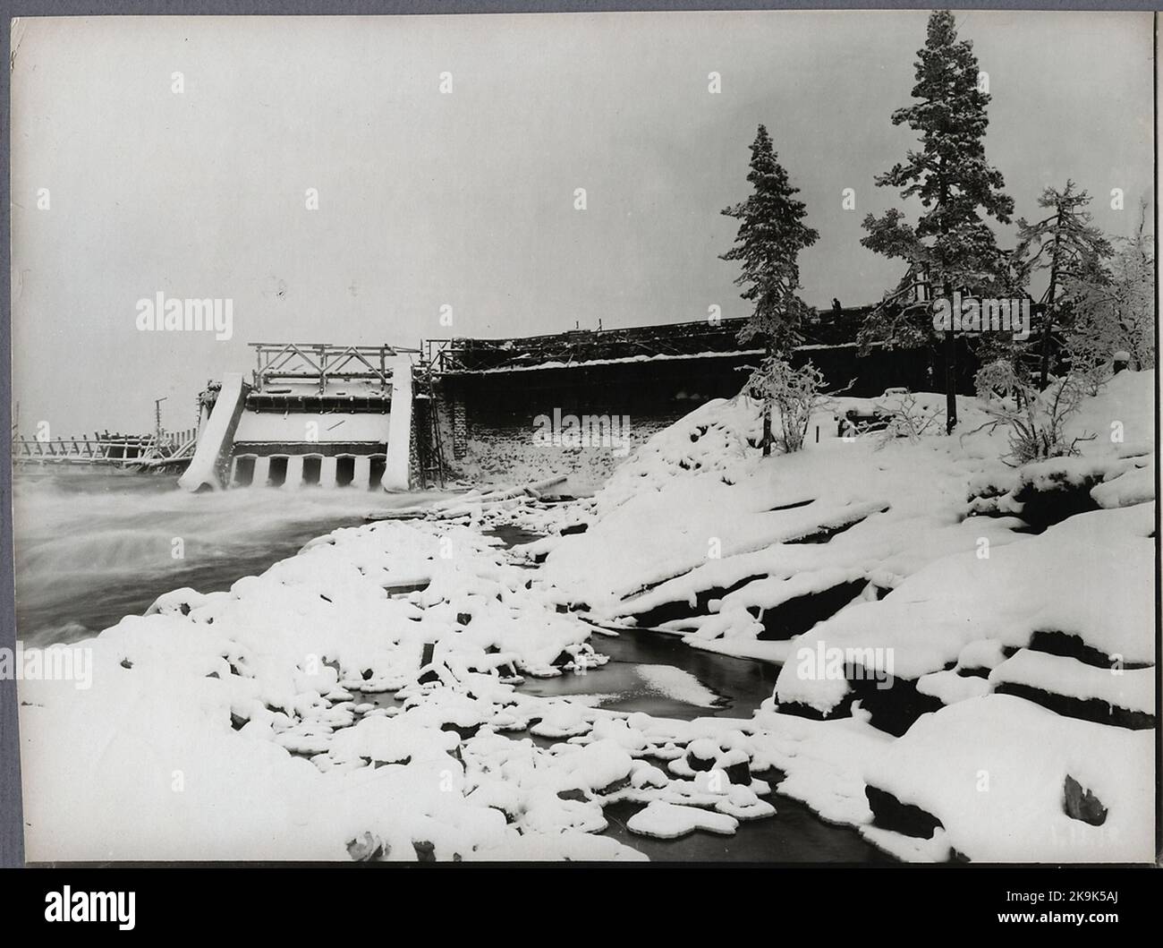 Porjus power plant during construction at Stora Lule River. Panorama of ...