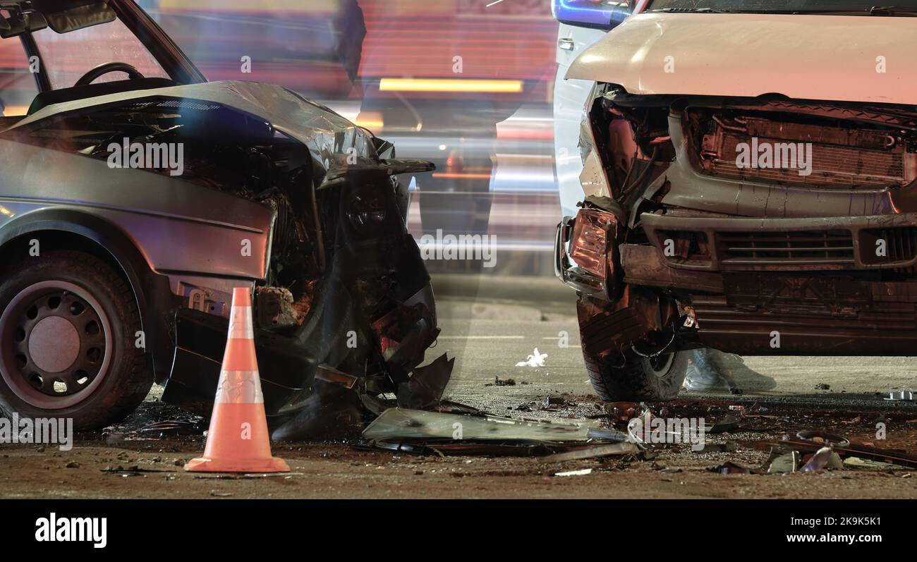 Cars crashed heavily in road accident after collision on city street at ...