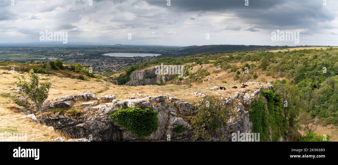 A panorama landscape view of Cheddar Gorge in the Mendip Hills near ...