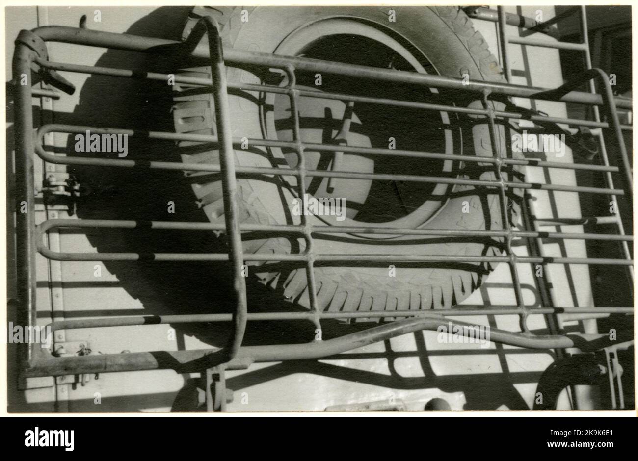 Spare wheel and bicycle rack on the back of bus Stock Photo - Alamy