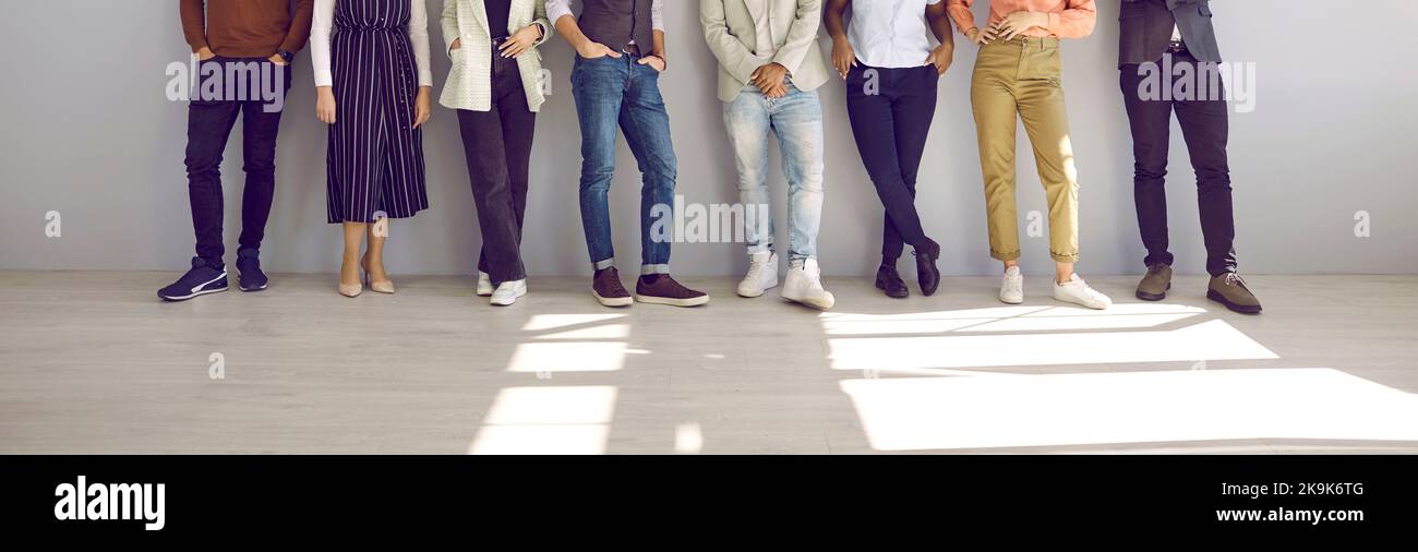 Banner with group of diverse fashion models in smart casual wear posing ...