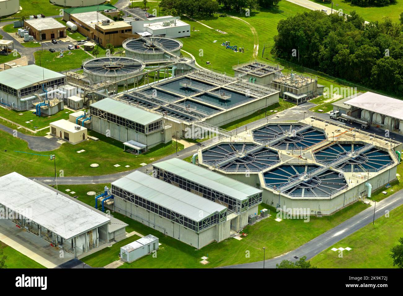 Aerial view of modern water cleaning facility at urban wastewater ...
