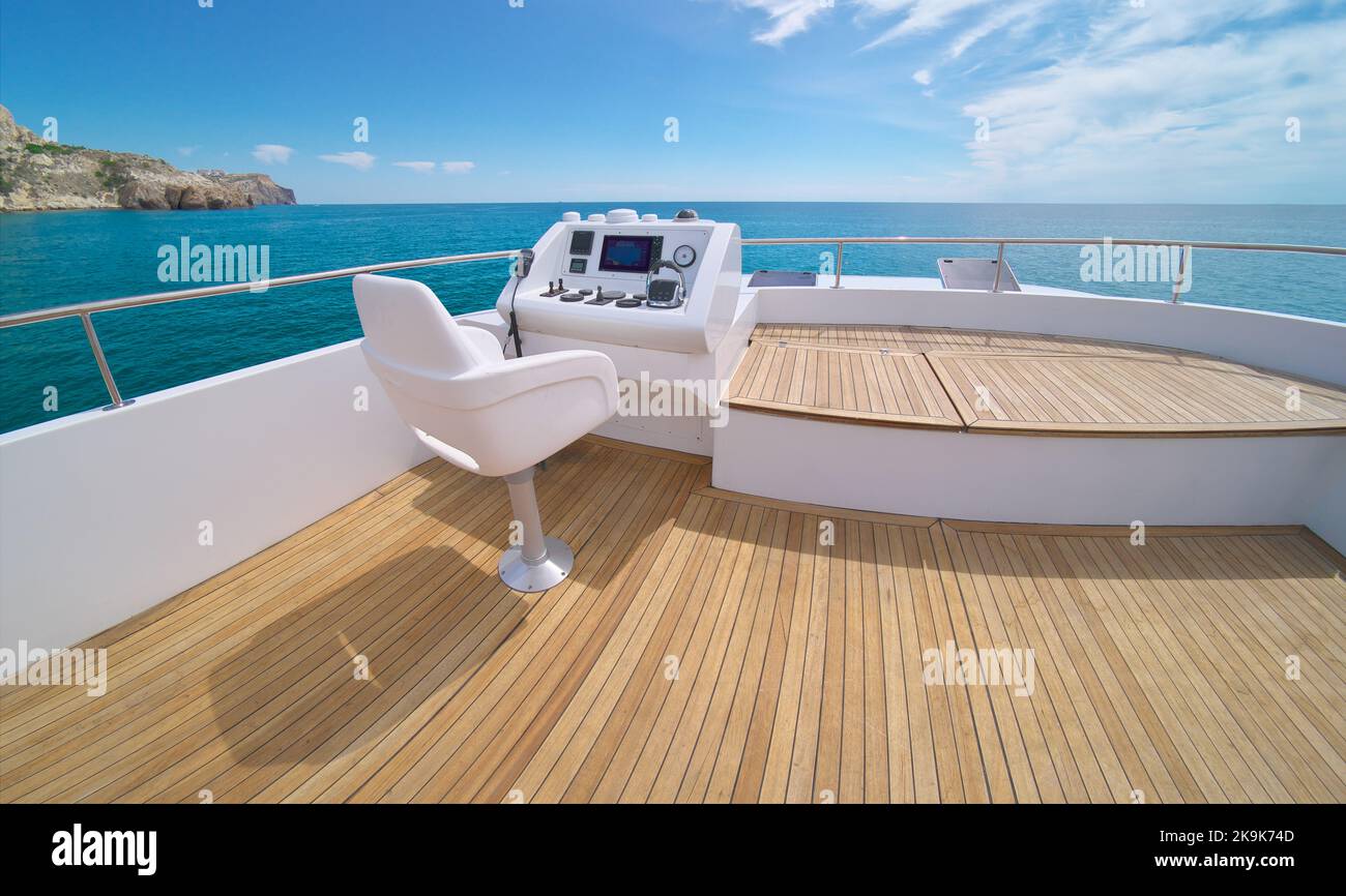 Ocean calm water view from yacht flybridge open deck, modern and luxury ...