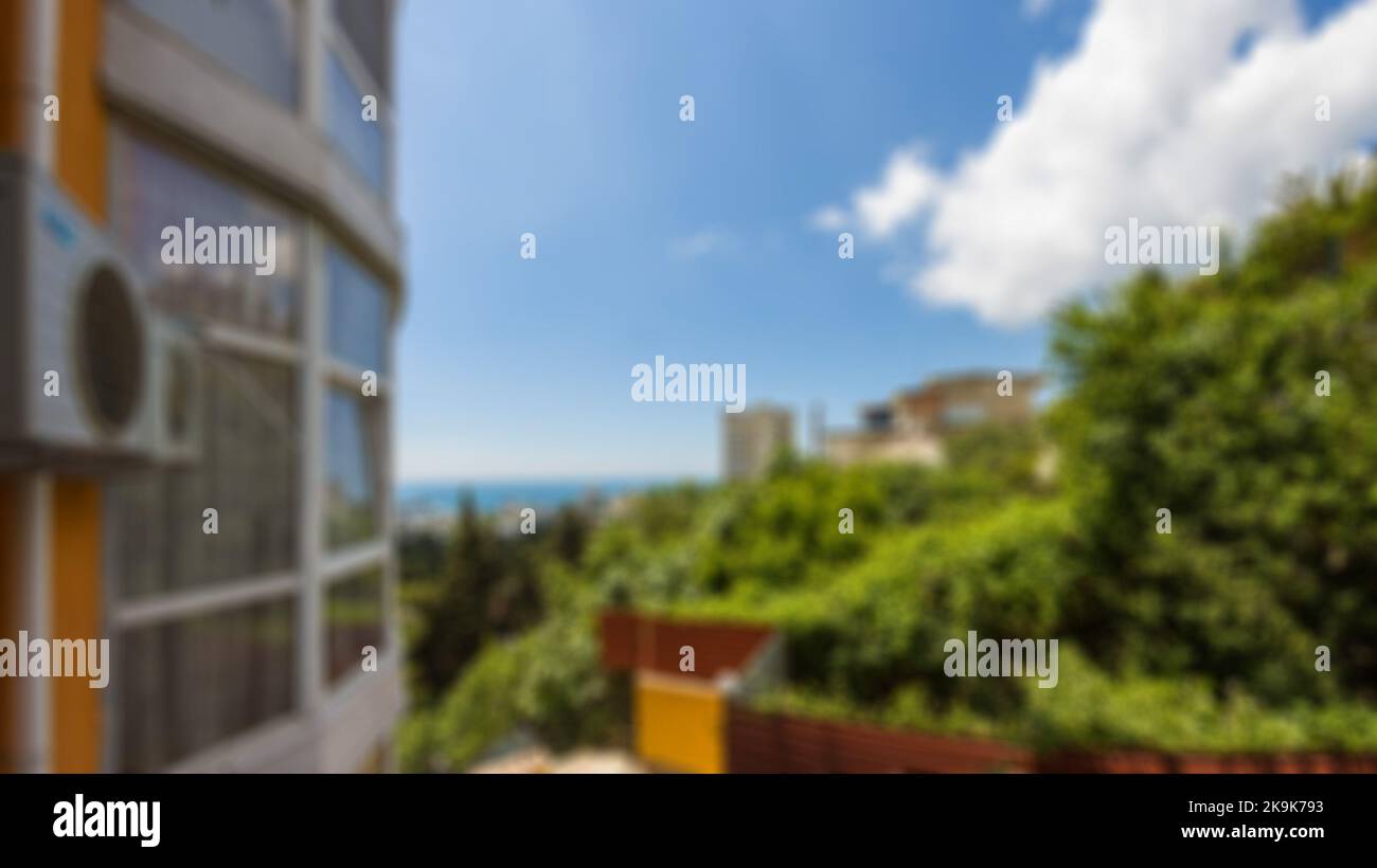 Abstract defocused sea view with clear blur sky, view from high floor ...