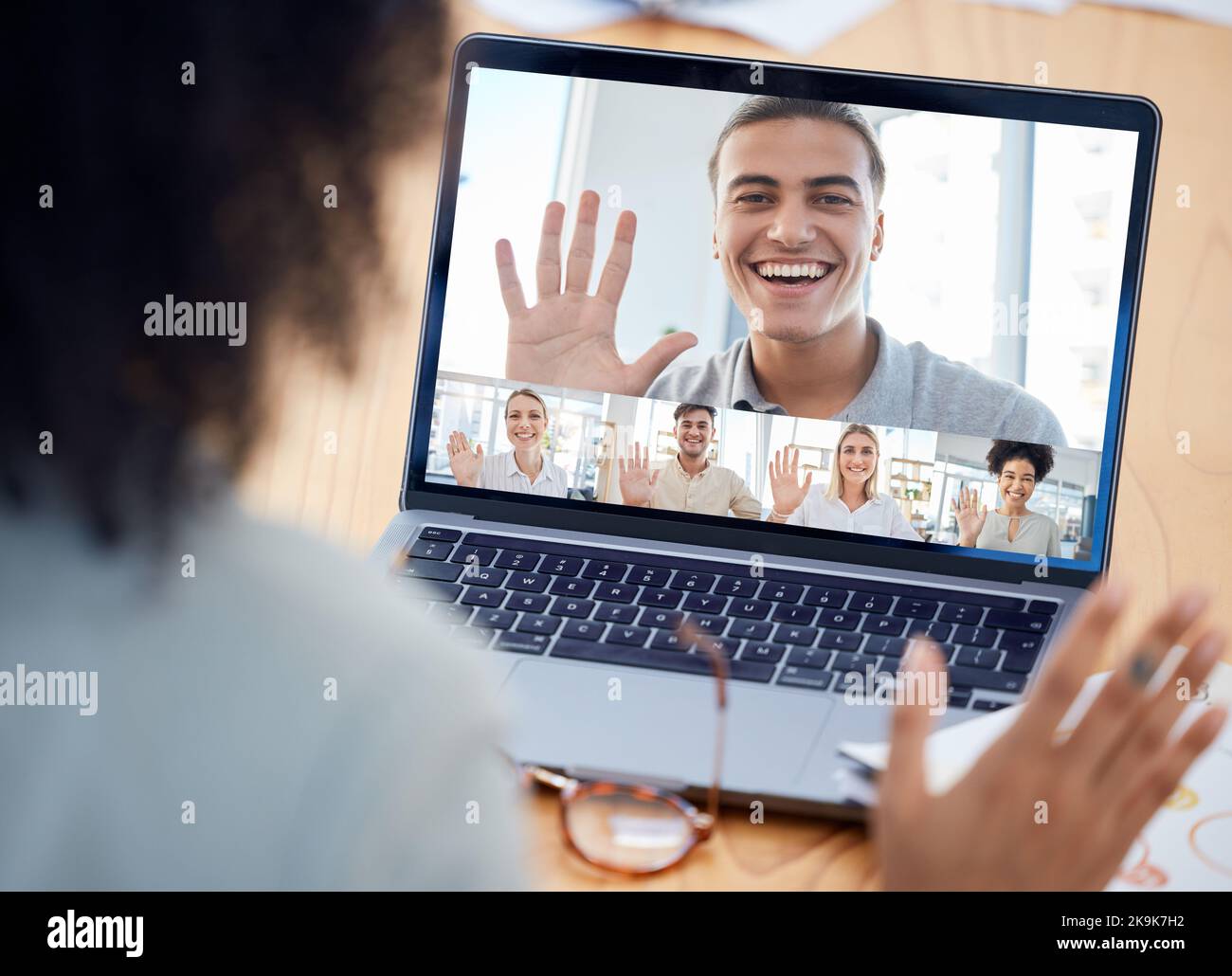 Meeting, laptop and business people on an online video call planning a ...