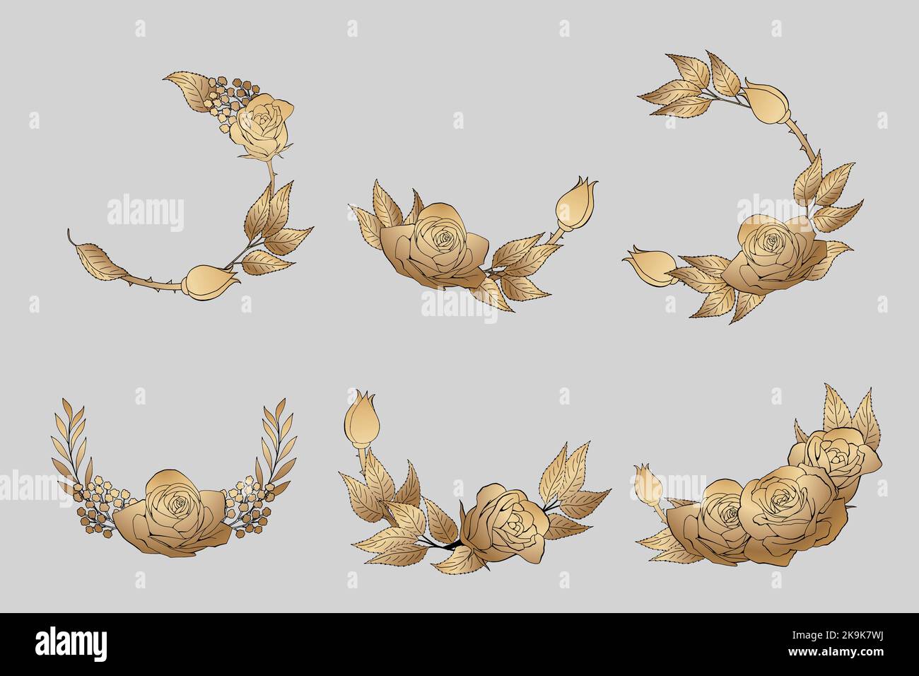 Roses hand drawing engraved. A blossoming rosebud. Golden vector ...