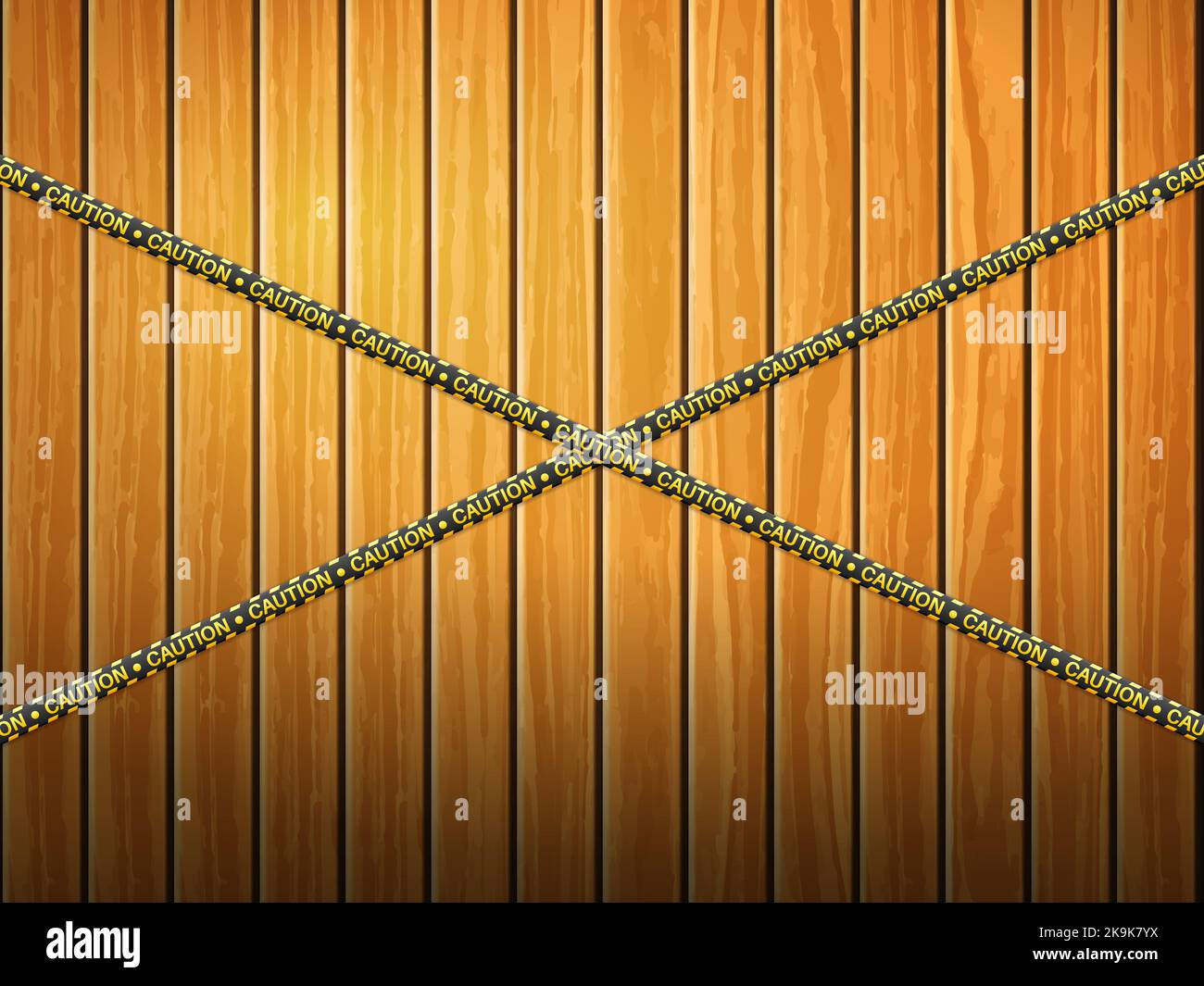 Caution tape on wooden background. Vector illustration Stock Photo - Alamy