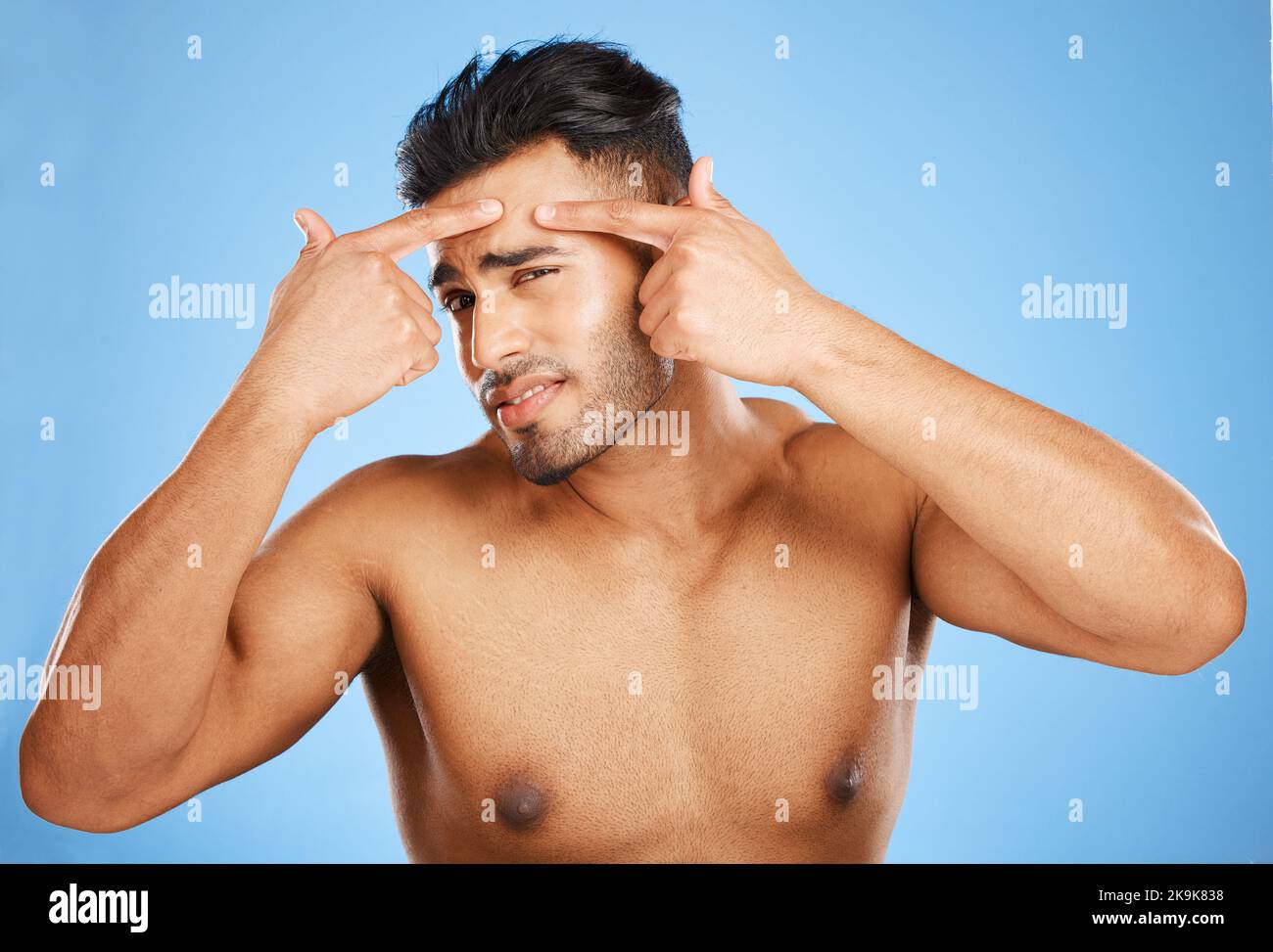 Dermatology, skincare and man check for acne, pimples or wrinkles ...