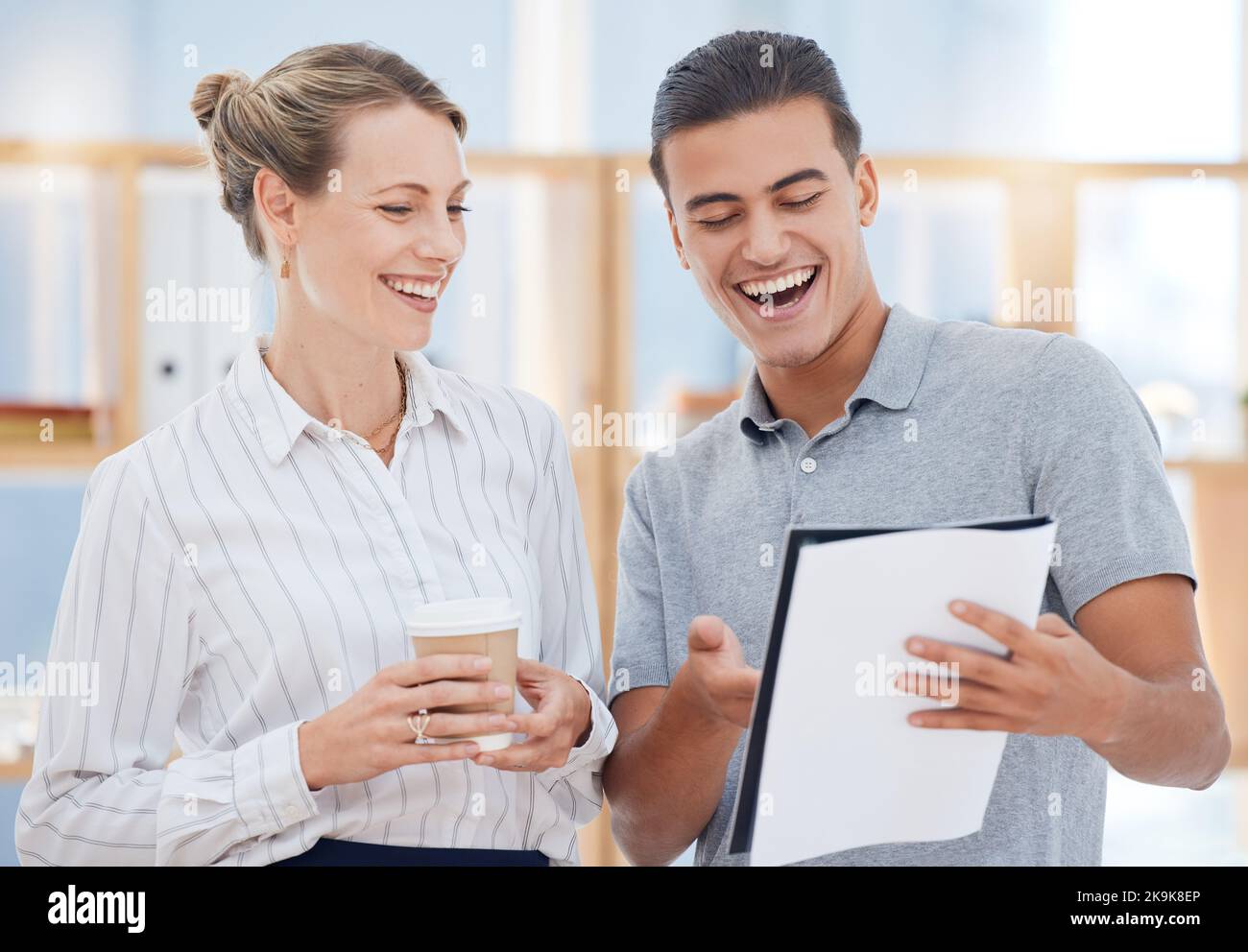 Marketing woman, notebook man show drawing and happy working in office ...