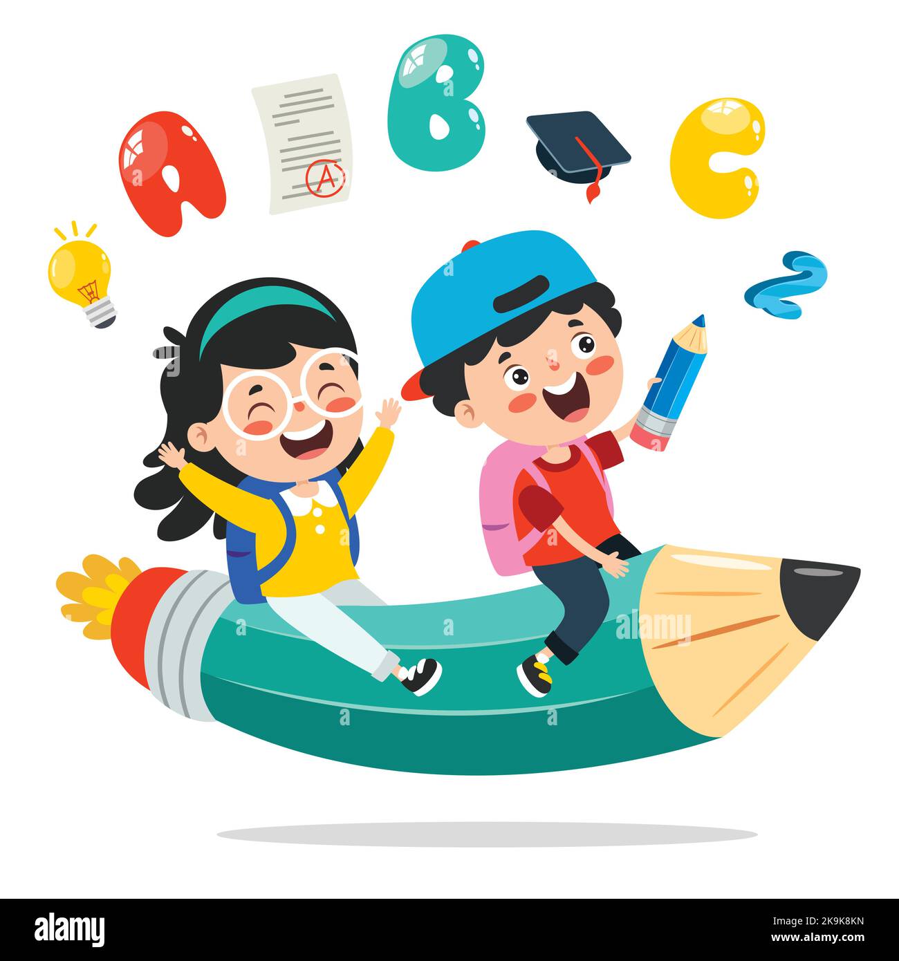 Funny Kid Flying On Colorful Pencil Stock Vector Image & Art - Alamy