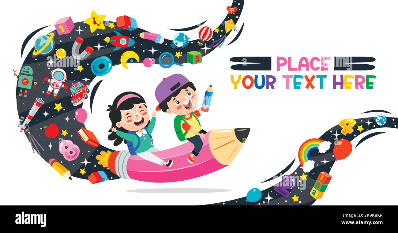 Funny Kid Flying On Colorful Pencil Stock Vector Image & Art - Alamy