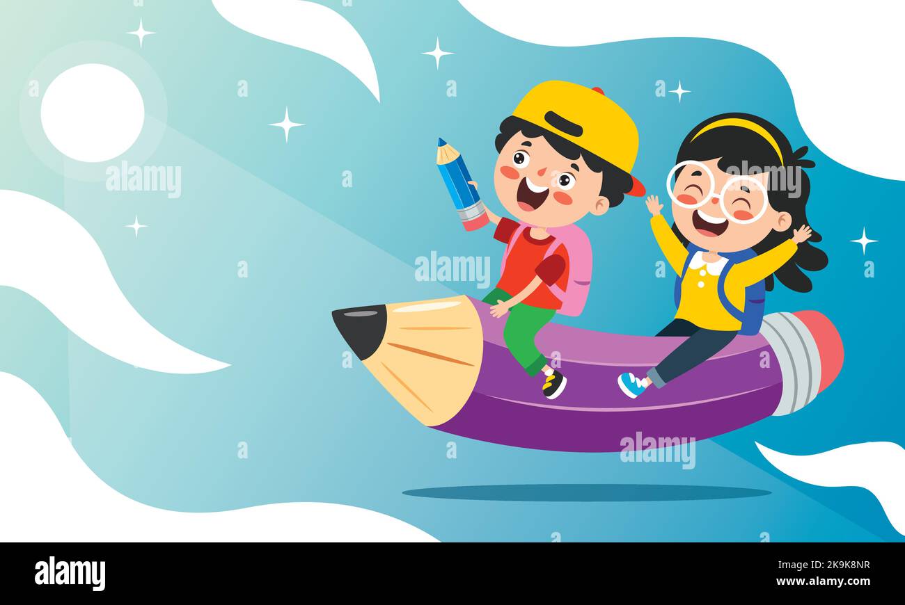 Funny Kid Flying On Colorful Pencil Stock Vector Image & Art - Alamy