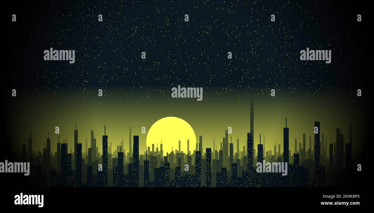 night city of the future with huge yellow moon Stock Photo - Alamy