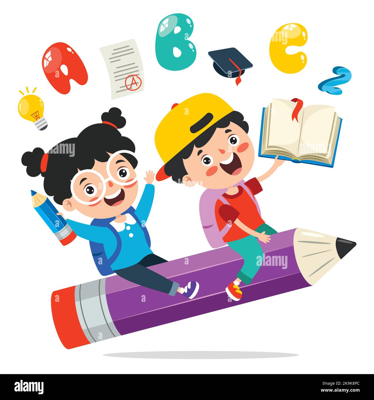 Funny Kid Flying On Colorful Pencil Stock Vector Image & Art - Alamy