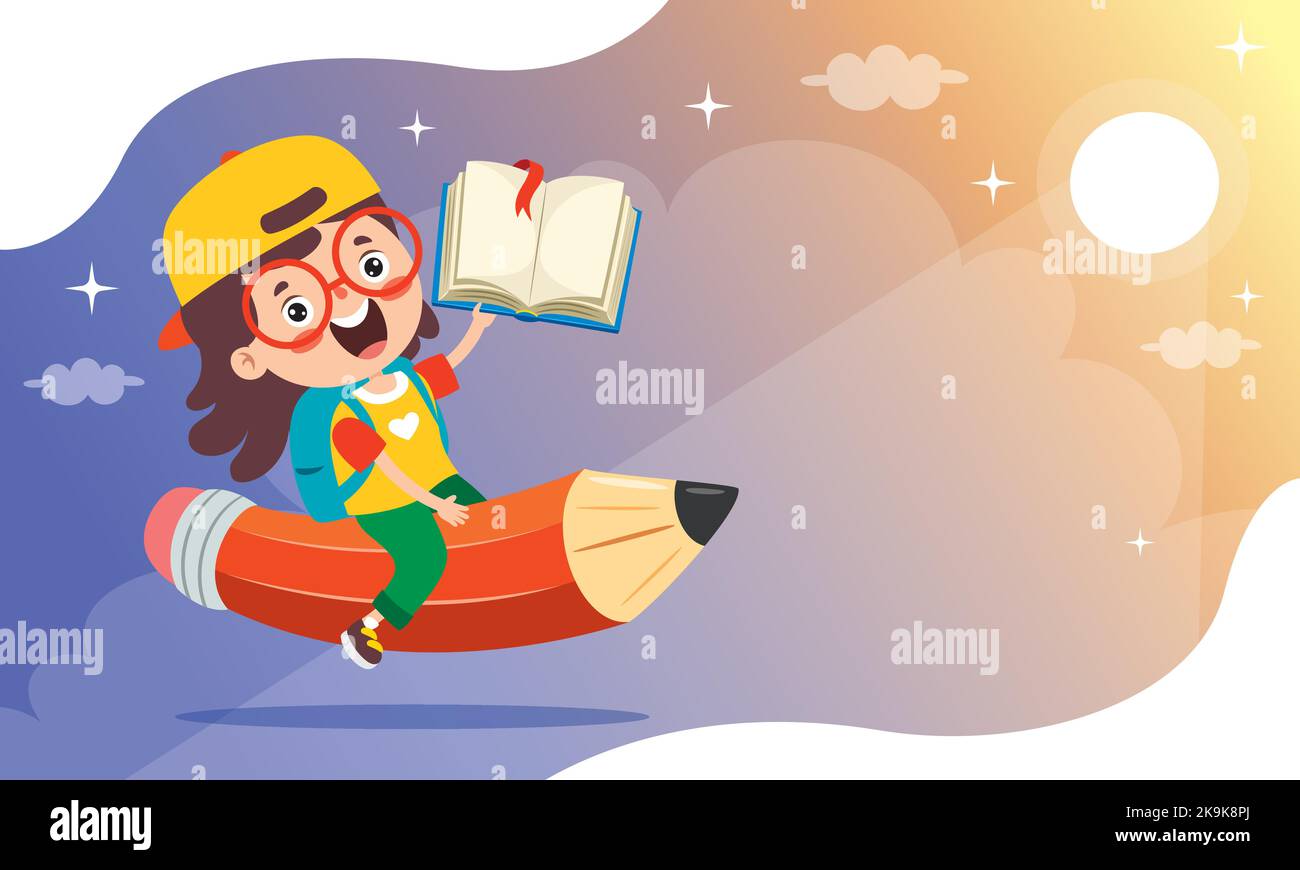 Funny Kid Flying On Colorful Pencil Stock Vector Image & Art - Alamy