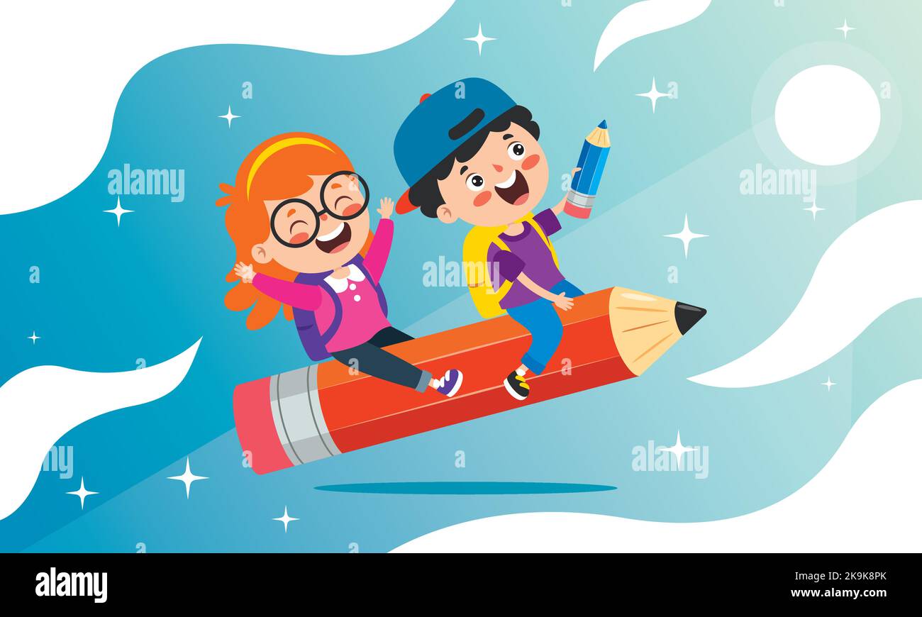 Funny Kid Flying On Colorful Pencil Stock Vector Image & Art - Alamy