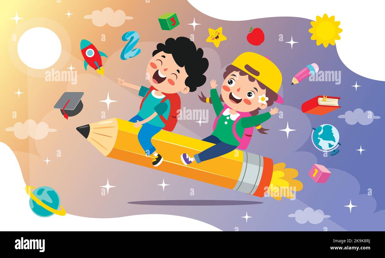 Funny Kid Flying On Colorful Pencil Stock Vector Image & Art - Alamy