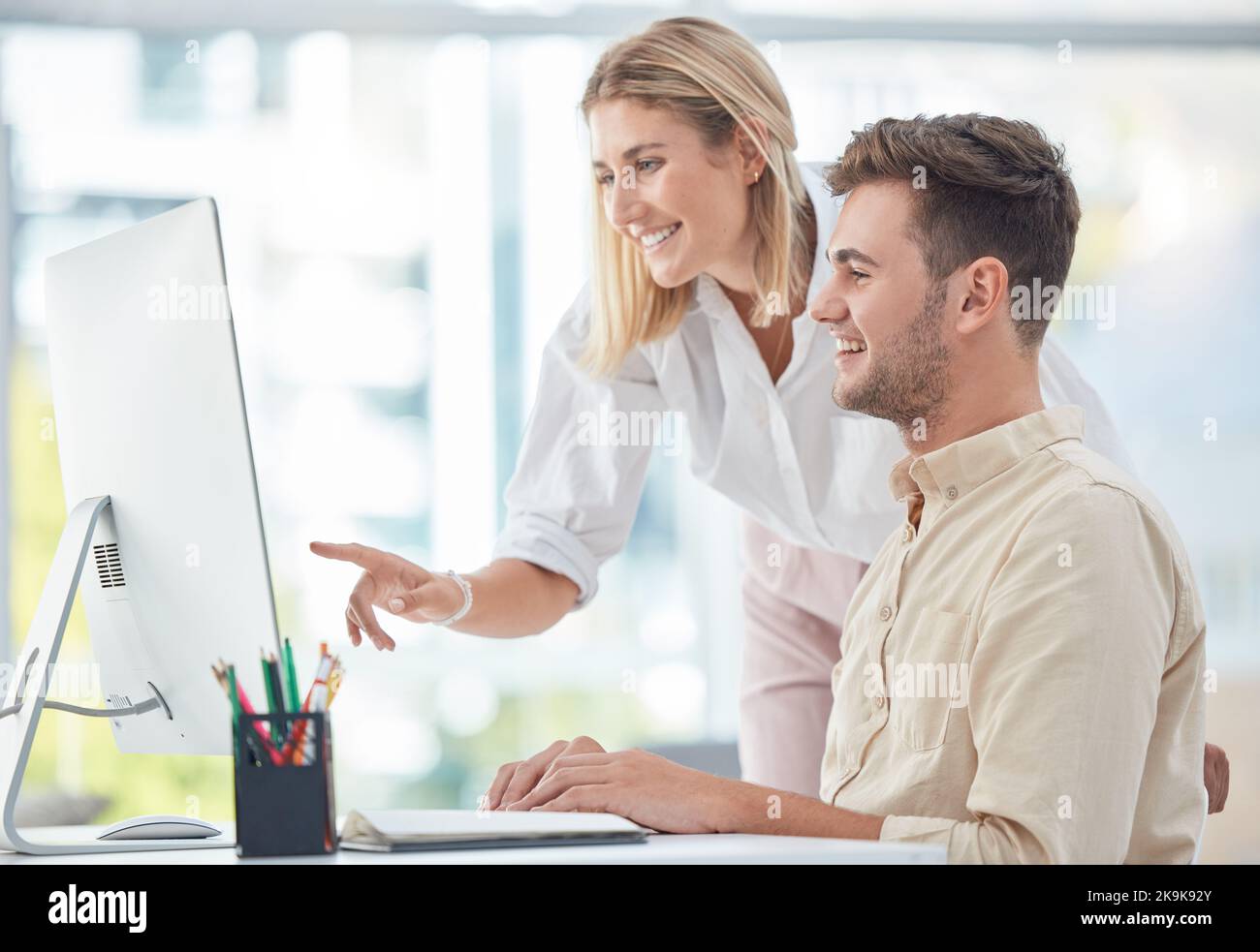 Training, computer and business people planning in partnership ...