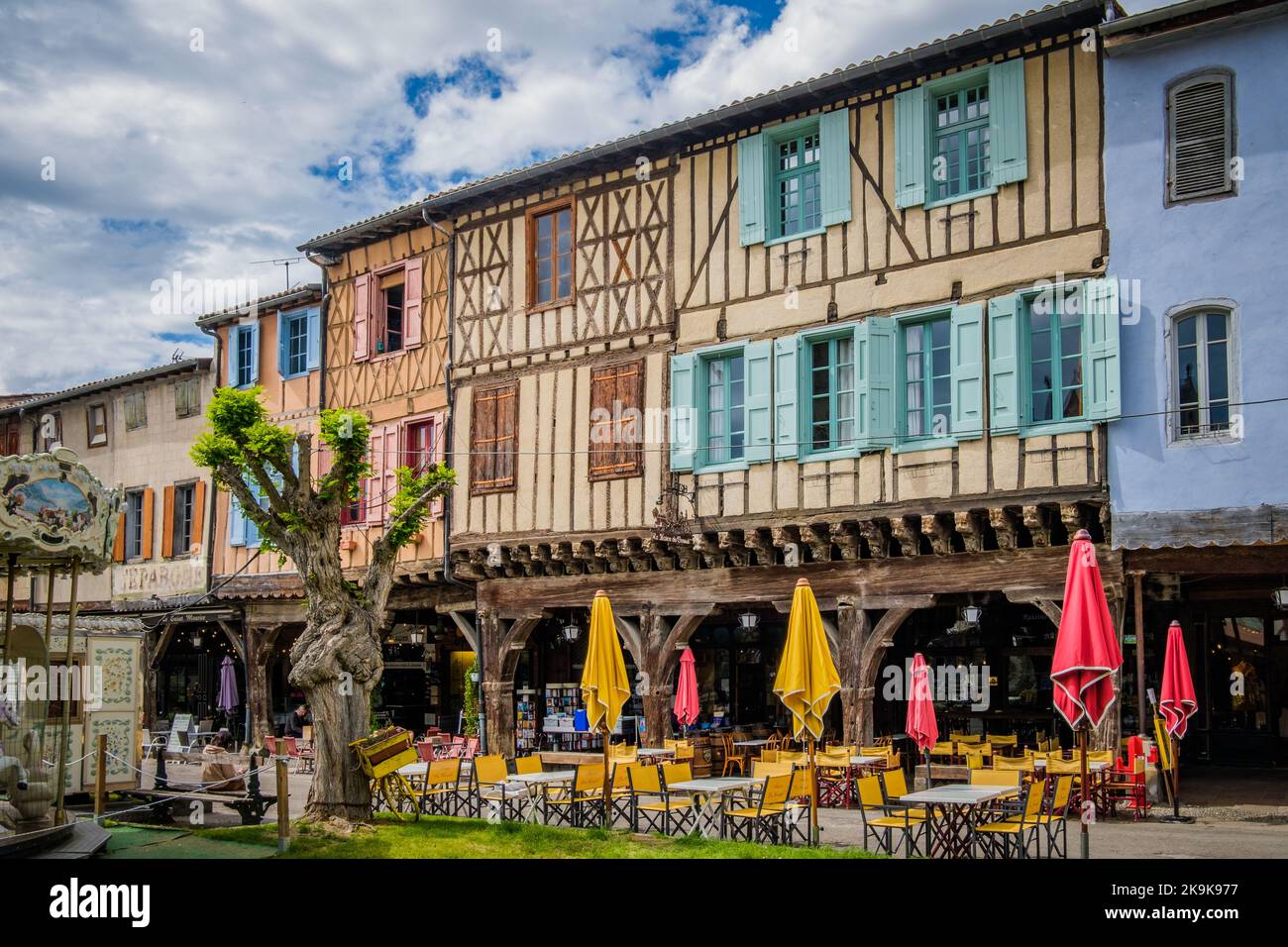 The main square of the medieval town of Mirepoix, with its half ...