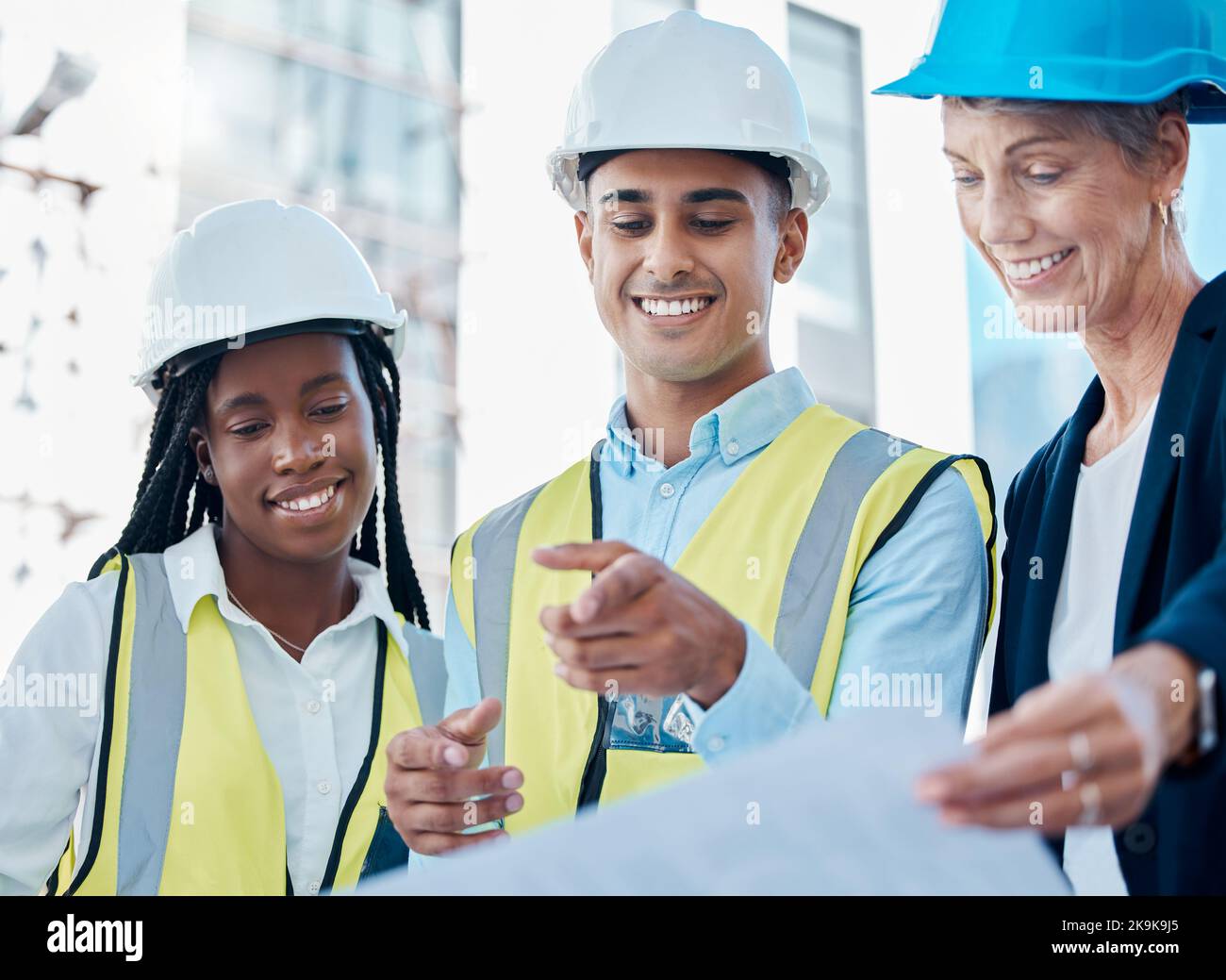 Business people, architect and smile for team construction planning ...