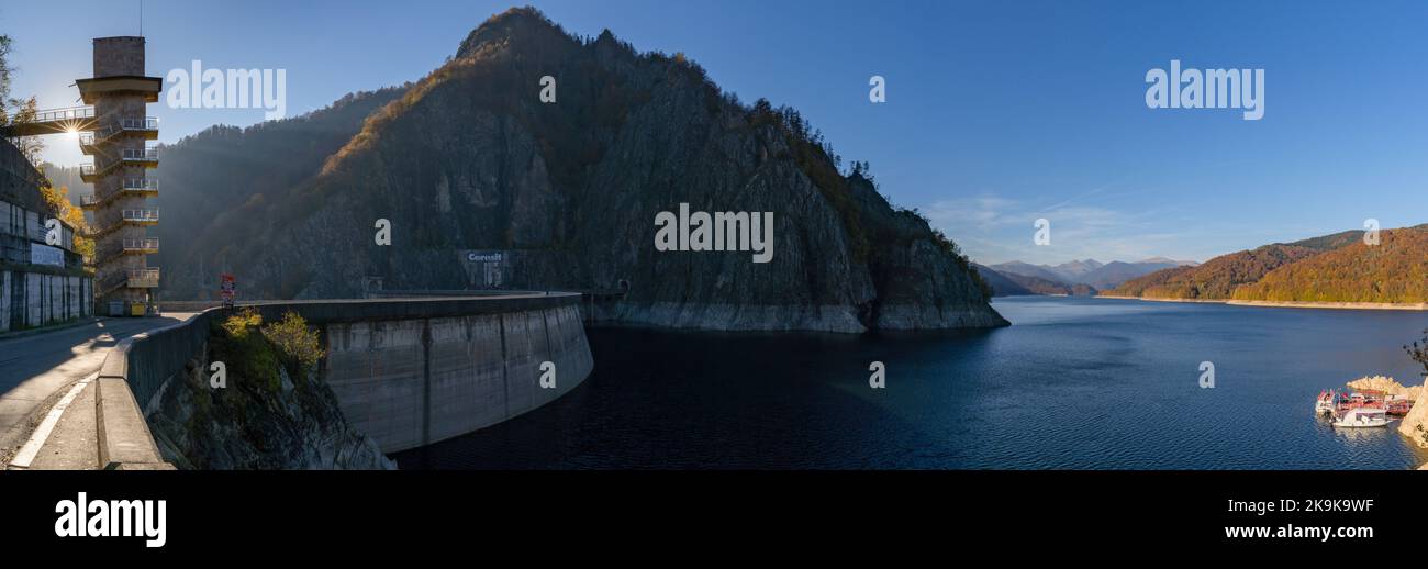A panorama view of the Lake Vidraru reservoir and dam in the Fagaras ...