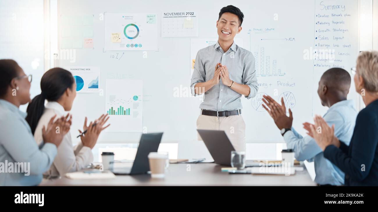 Business people, applause and meeting in team presentation, workshop or coaching at the office ...