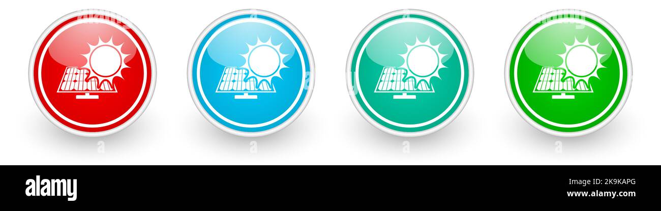 Sun over solar panel vector icons, colorful glossy buttons on white ...