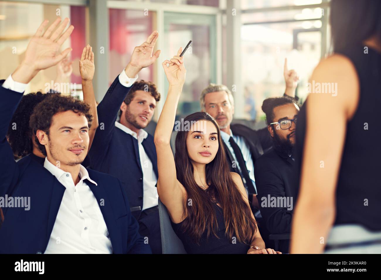 We here to learn how to improve business. businesspeople hands raised ... We here to learn how to improve business. businesspeople hands raised ...