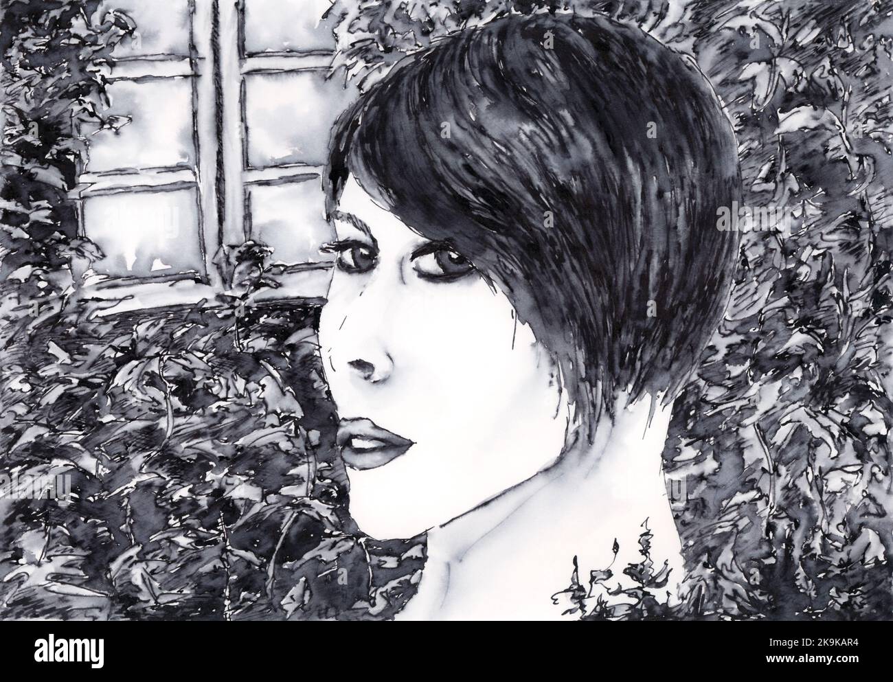 Woman portrait. Ink on paper Stock Photo - Alamy