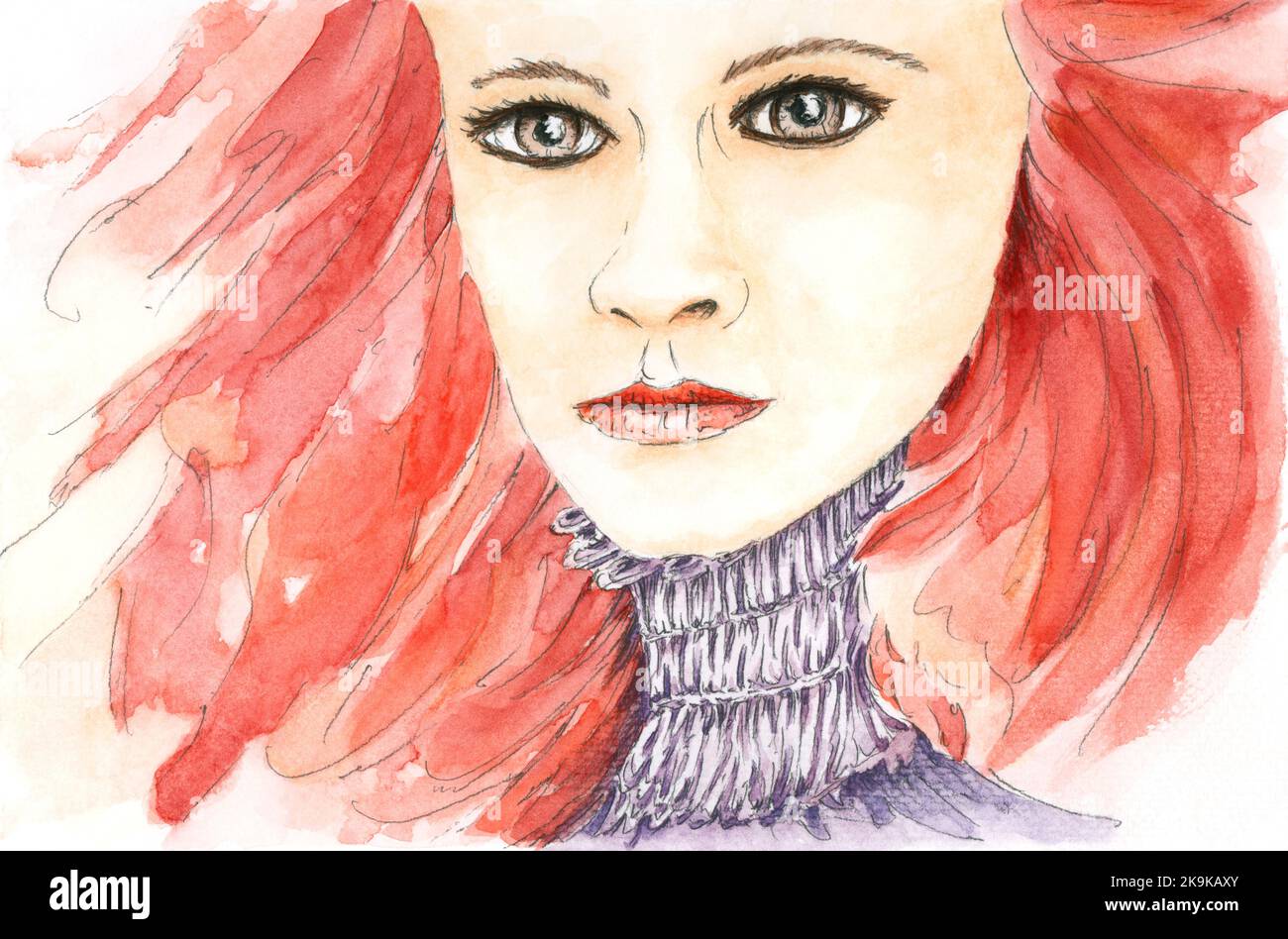 Red hair woman portrait. Graphite pencil and watercolor on paper Stock ...