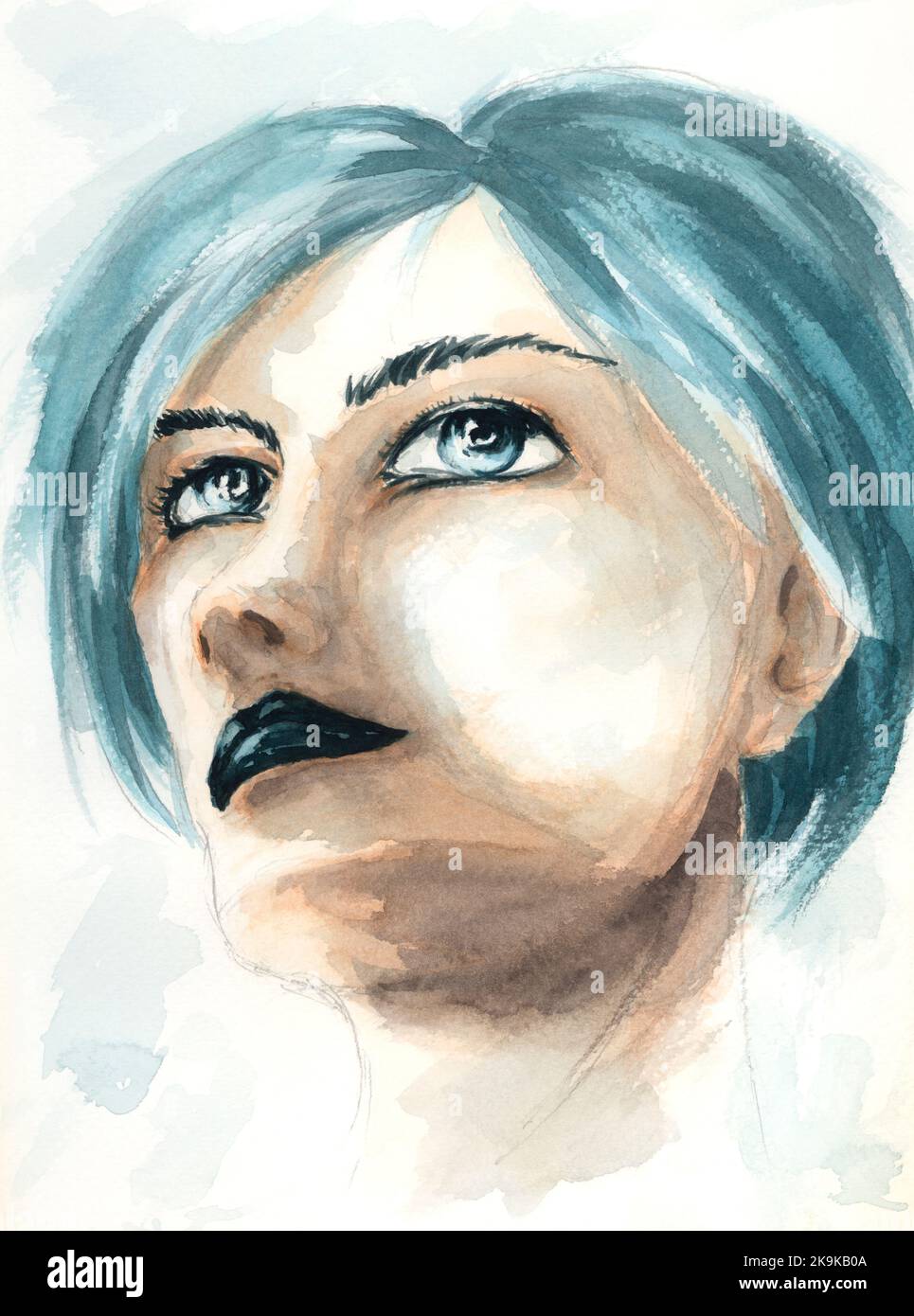 Blue haired woman portrait. Watercolor on paper Stock Photo - Alamy