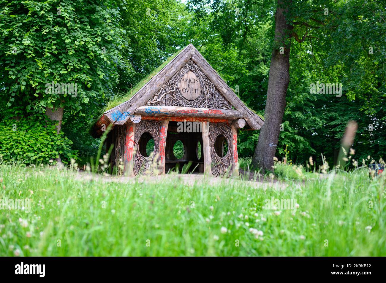 Hamburg, Germany. 11th June, 2022. The egg hut in Jenischpark bears the ...