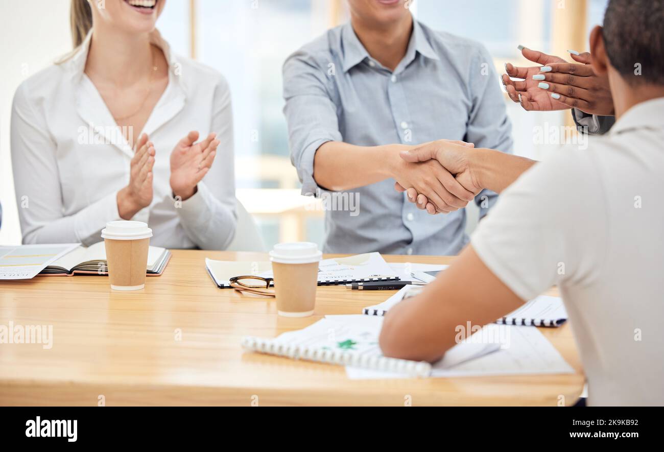 Meeting, business people and handshake, applause and welcome to startup ...