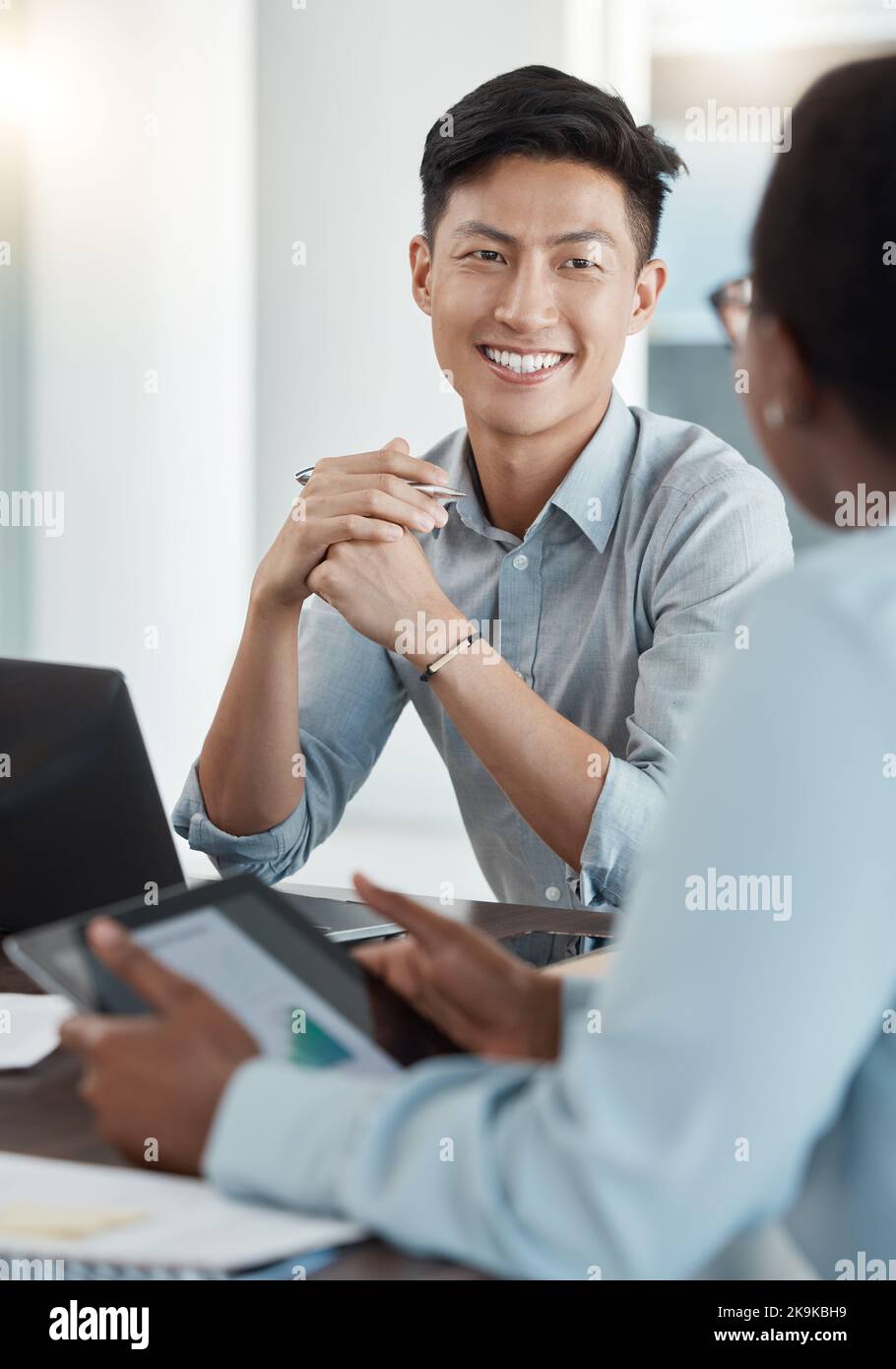 Collaboration, business people or tablet planning in meeting for ... Collaboration, business people or tablet planning in meeting for ...