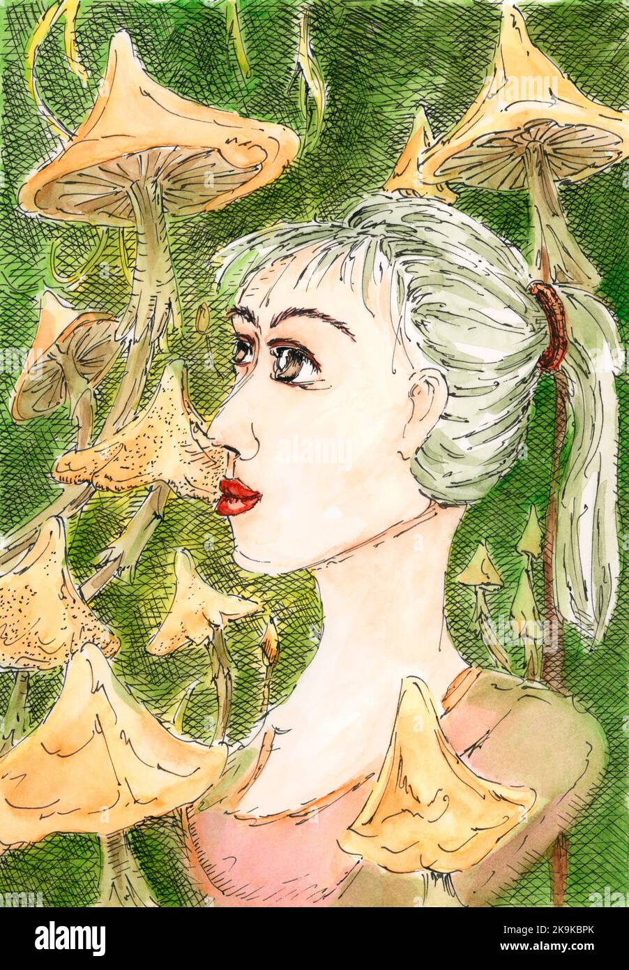 Fantasy girl portrait between mushrooms. Ink and watercolor on paper ...