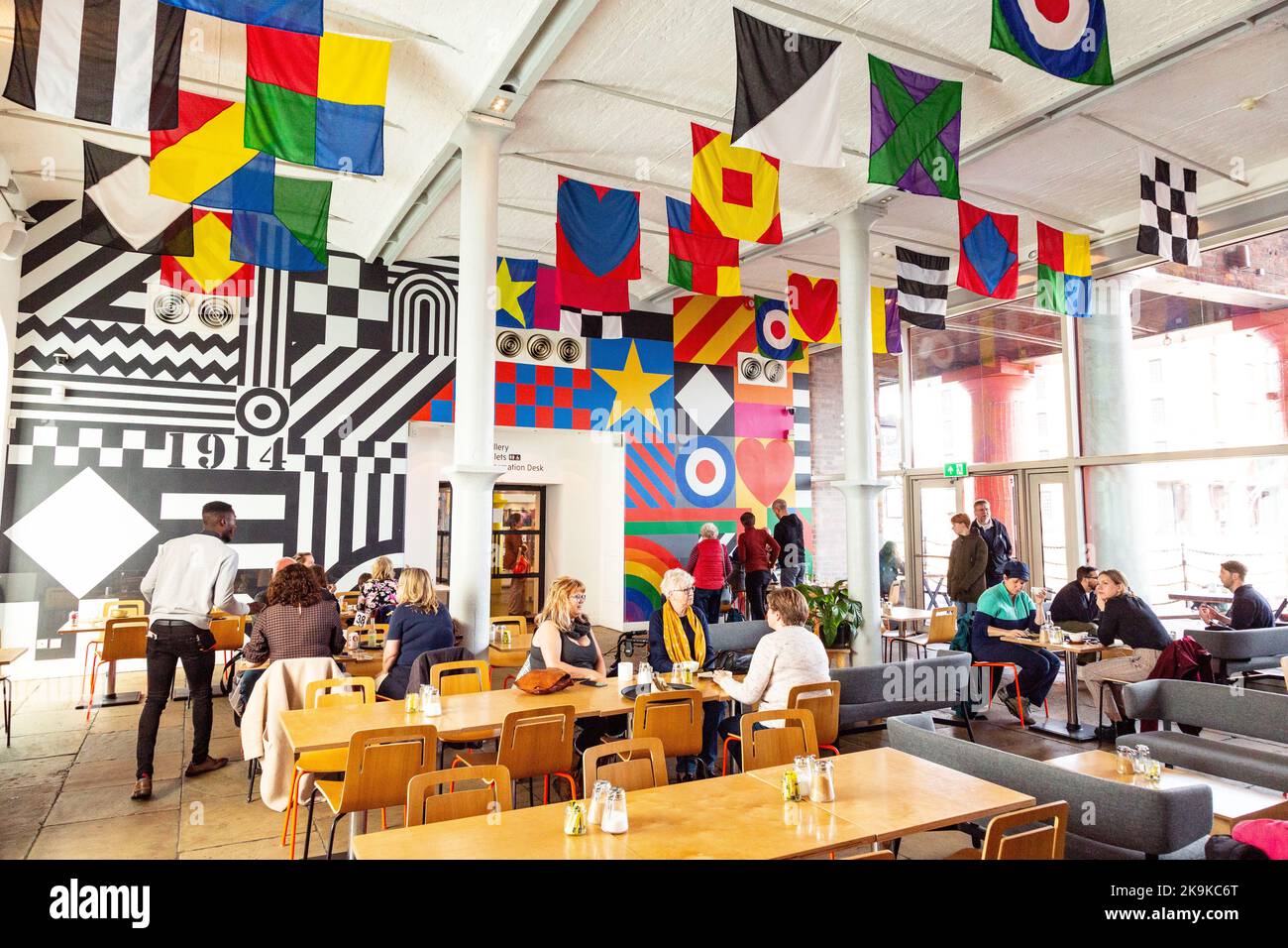Cafe at Tate Liverpool art gallery featuring Flags and Mural by Sir ...