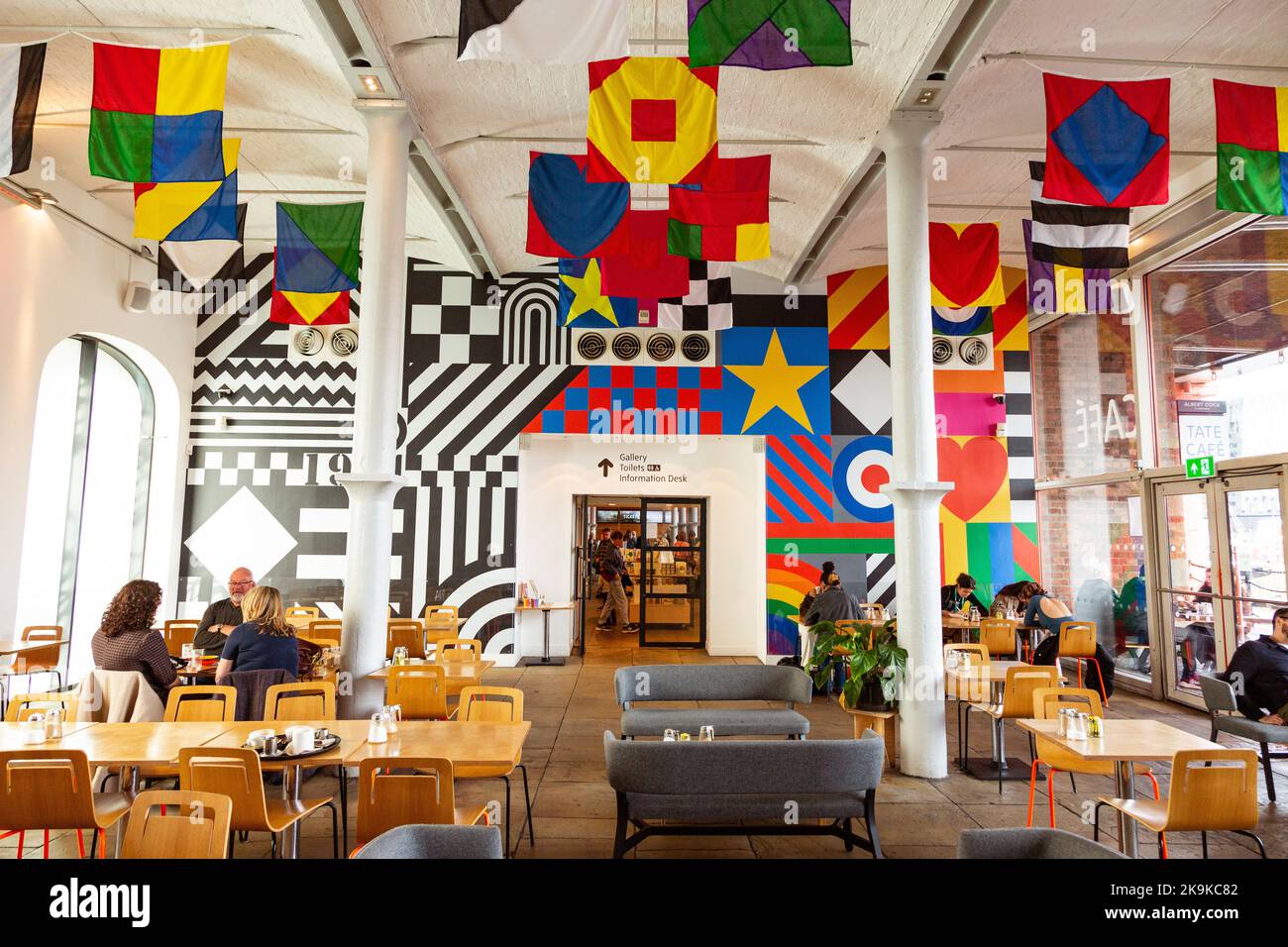 Cafe at Tate Liverpool art gallery featuring Flags and Mural by Sir ...