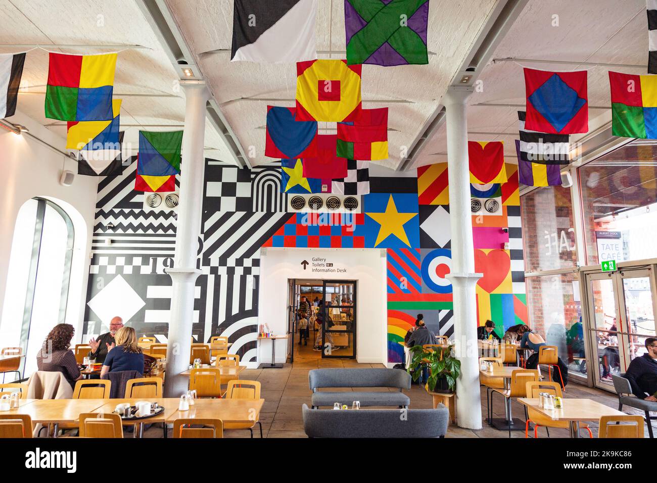 Cafe at Tate Liverpool art gallery featuring Flags and Mural by Sir ...