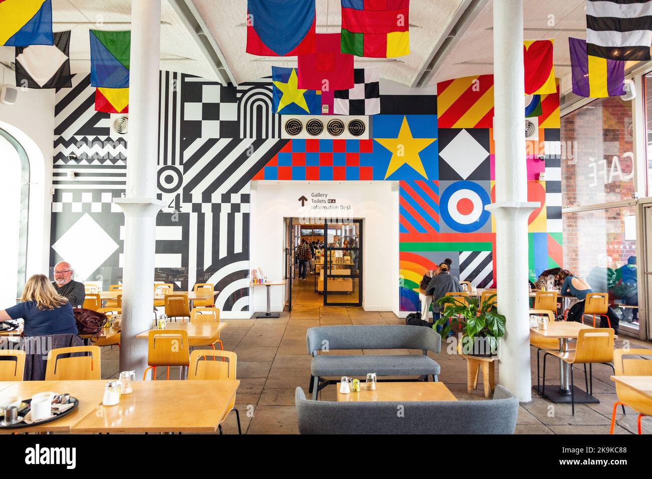 Cafe at Tate Liverpool art gallery featuring Flags and Mural by Sir ...