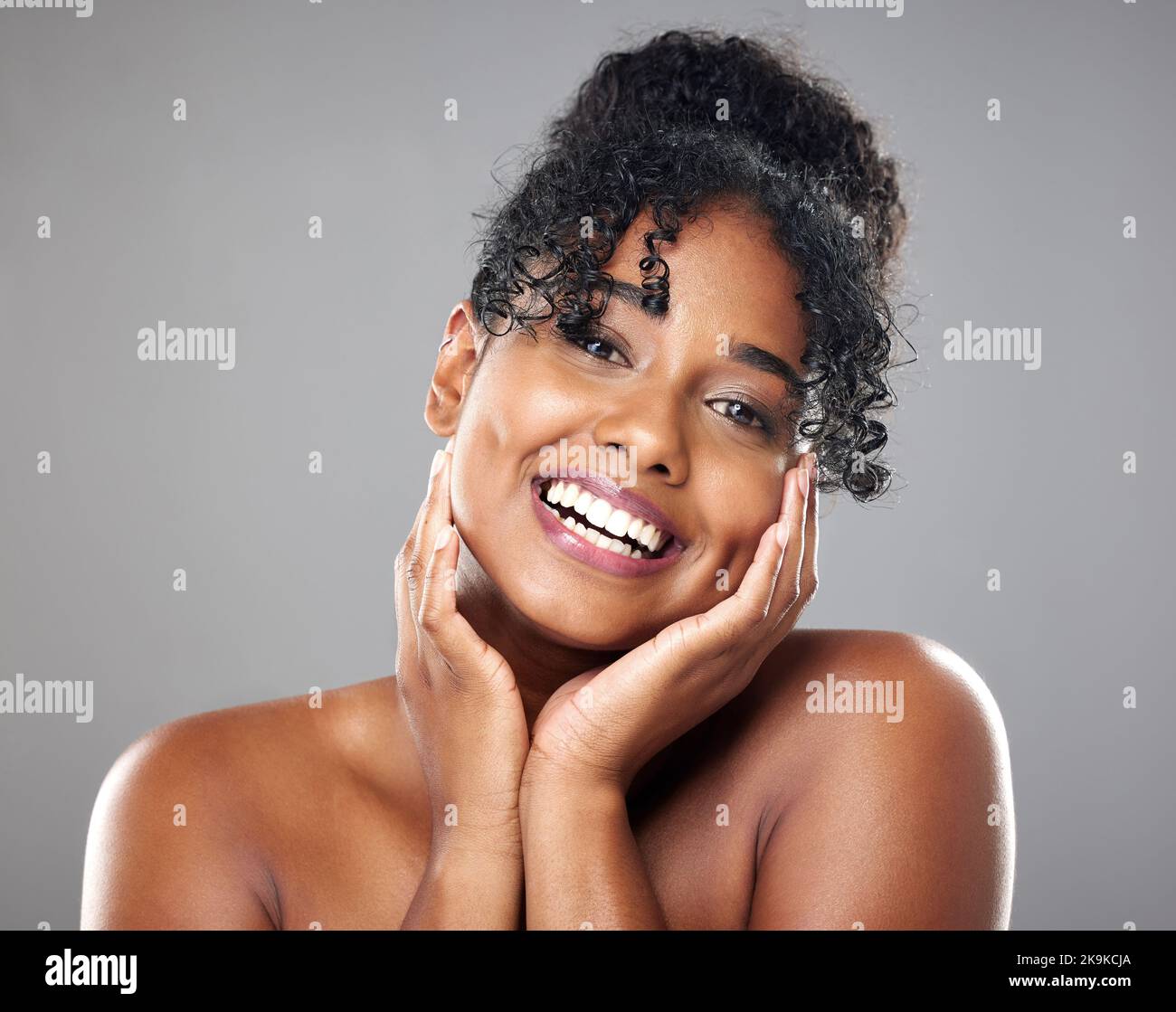 Beauty, black and woman with natural curly hair and glowing skin ...