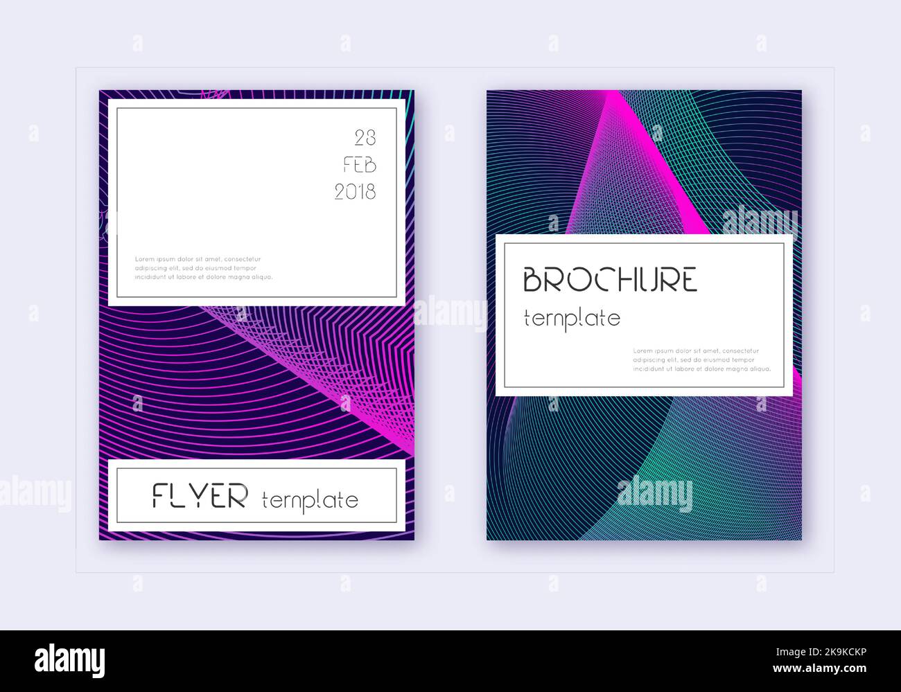 Stylish cover design template set. Neon abstract lines on dark blue ...