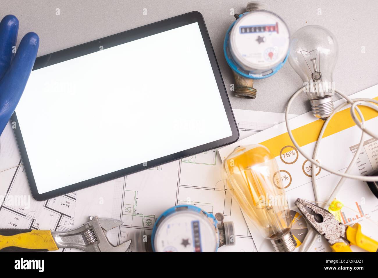 Architect working on blueprint. Architects workplace - architectural ...