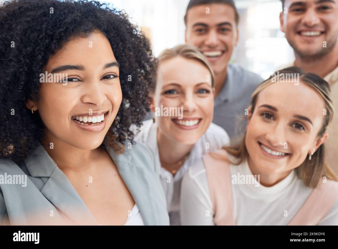 Selfie, smile and business people happy about partnership ...