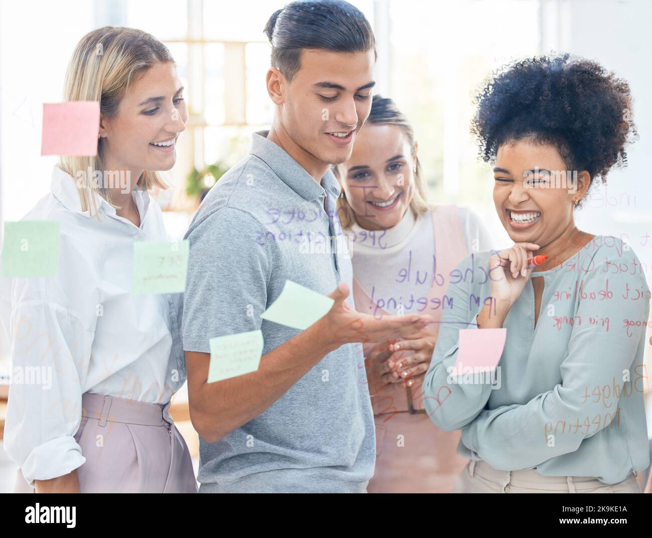 Sticky note, planning and creative business people meeting about ...