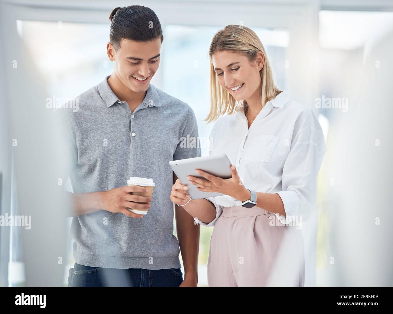 Tablet, collaboration and talk in innovation business meeting with ...