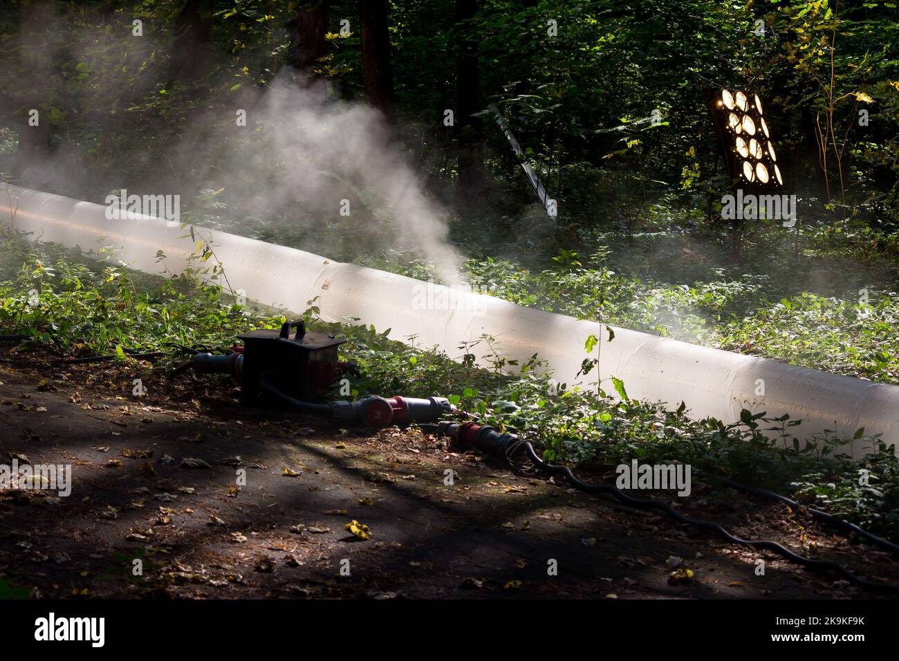 Spraying theatrical smoke in nature during the shooting of the film ...