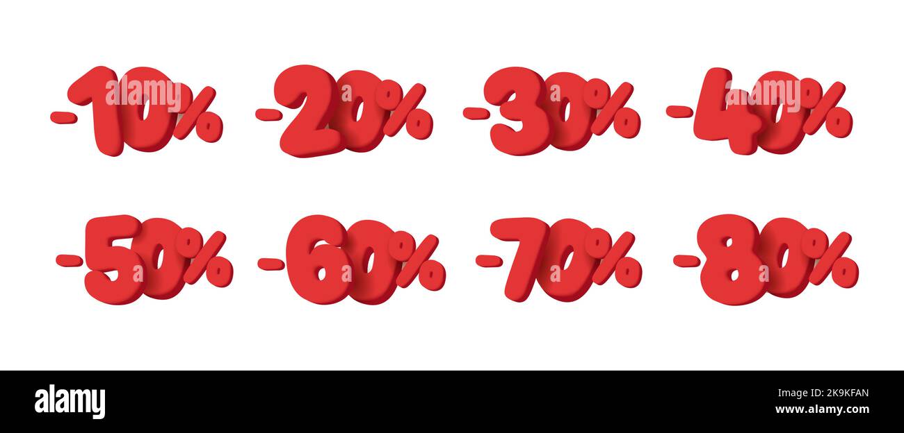 Set of sale percent 3d red numbers, rounded shapes cartoon render style ...