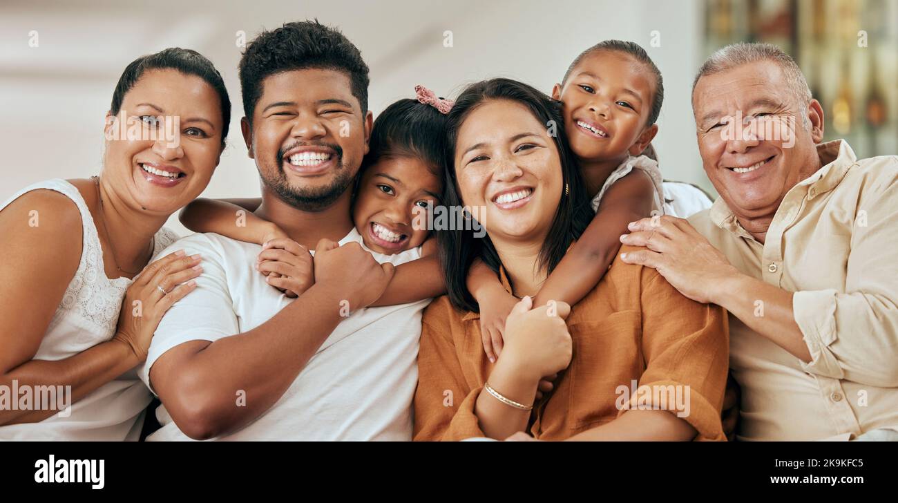 Big family, portrait and relaxing at home on a sofa bonding and having ...